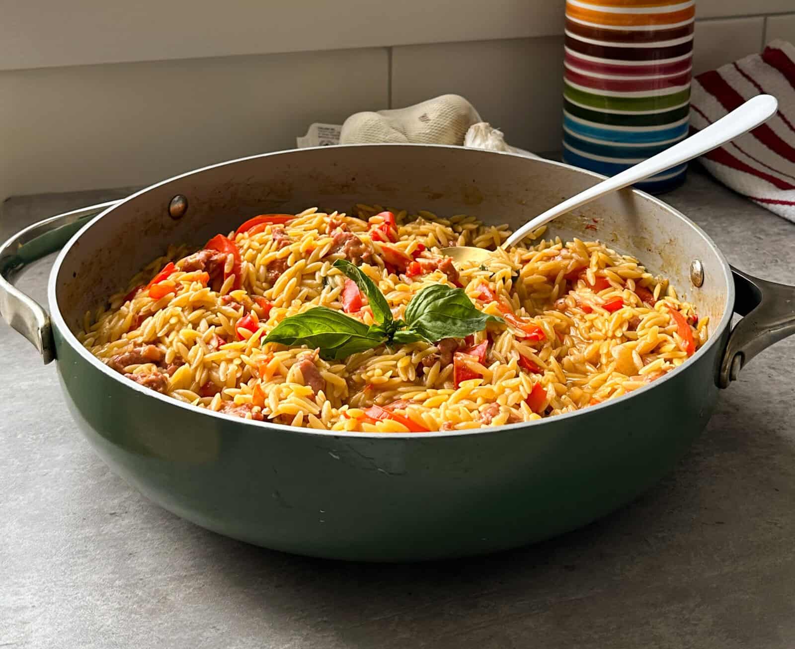 Fried Sausage and Pepper Orzo - Sammy Montgoms