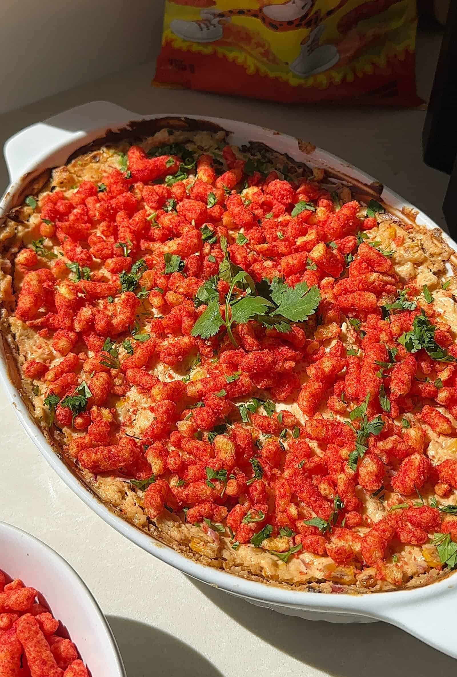 Hot Corn Dip with Flamin' Hot Cheetos - Sammy Montgoms
