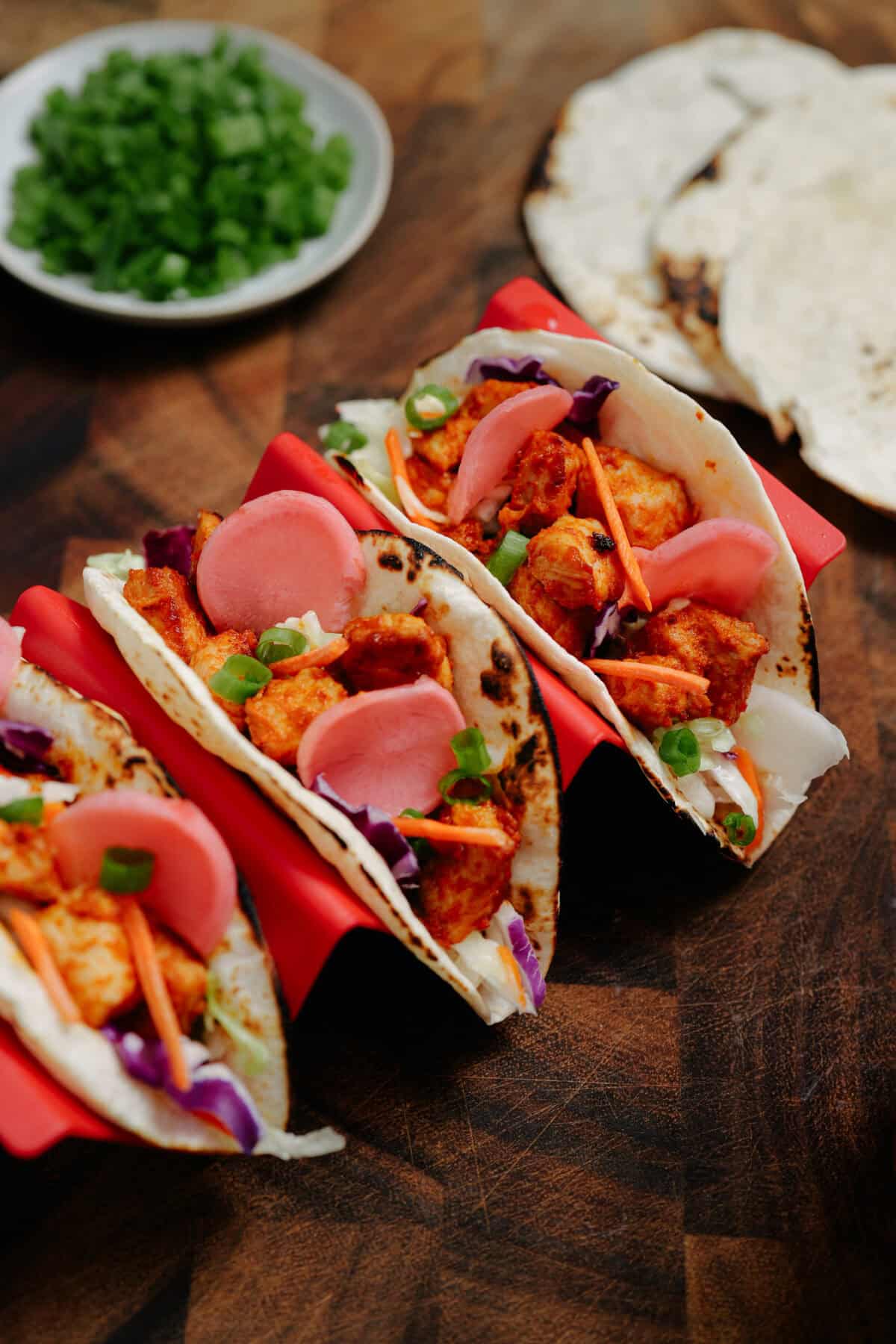 Gochujang Pork Tacos with Coleslaw and Pickled Radish - Sammy Montgoms