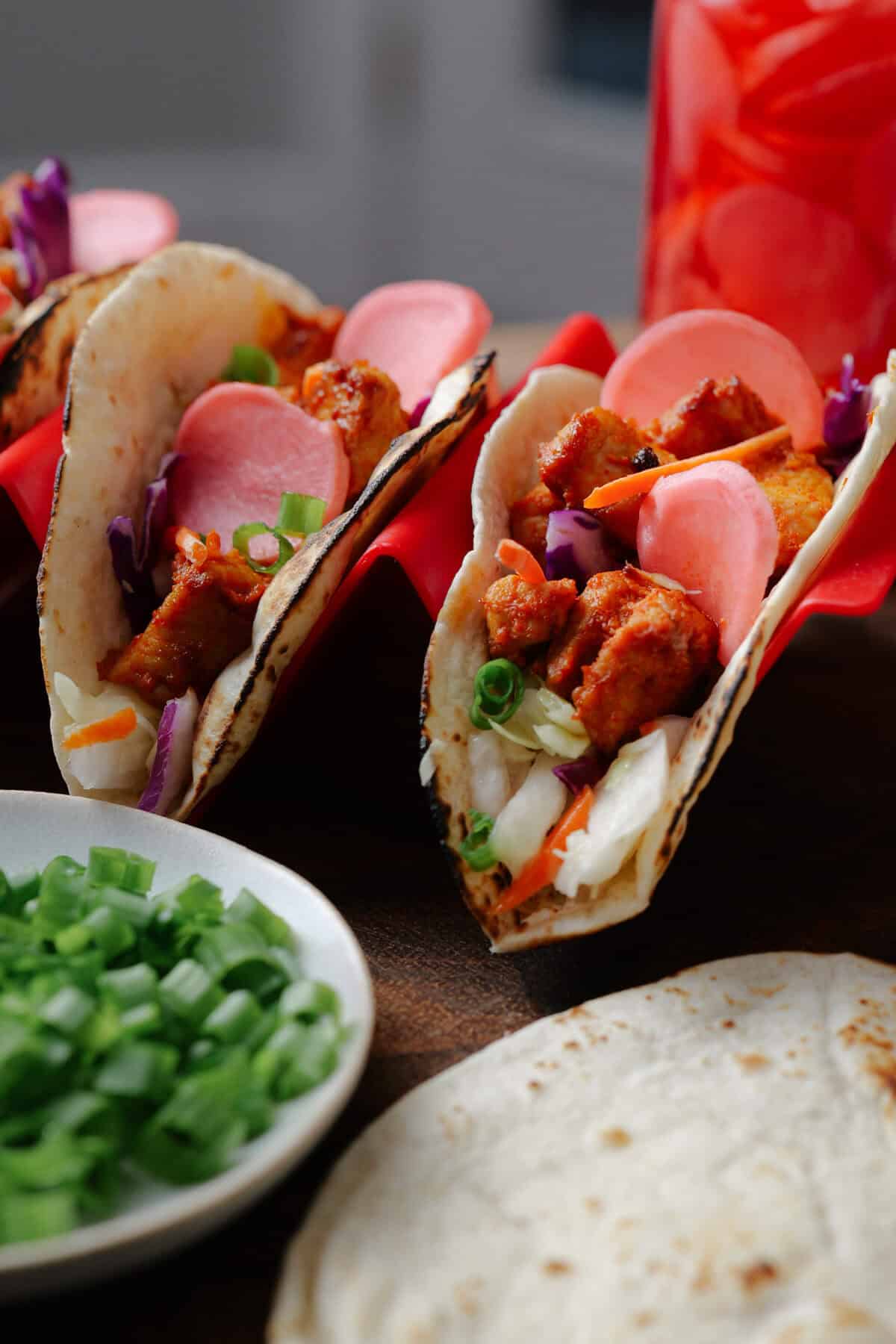 Gochujang Pork Tacos with Coleslaw and Pickled Radish - Sammy Montgoms